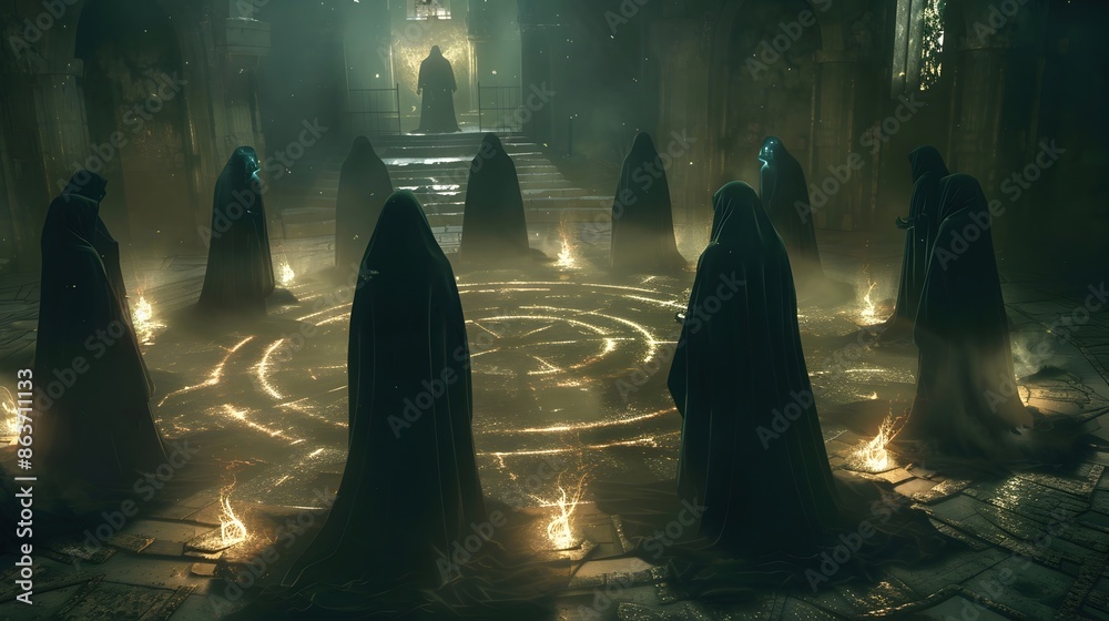 Coven of Dark Mages Delving into Forbidden Magic,Glowing Runes and ...
