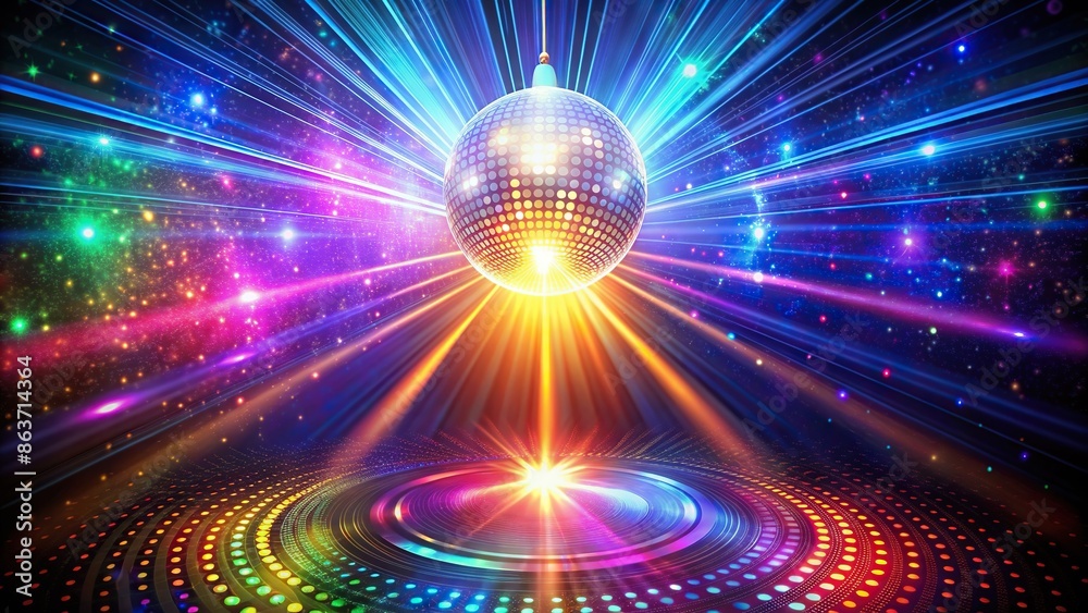 Disco light explosion with a spotlight at the center and a spiral light ...