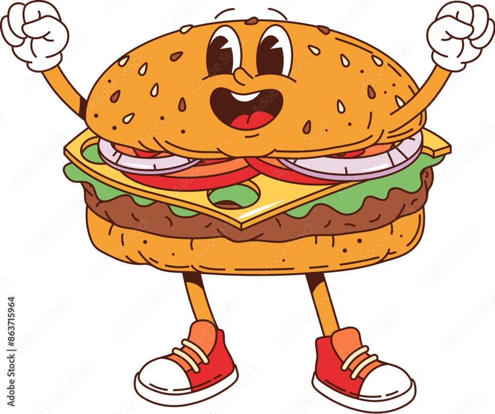 Burger retro groovy barbeque grill character. Isolated cartoon vector ...