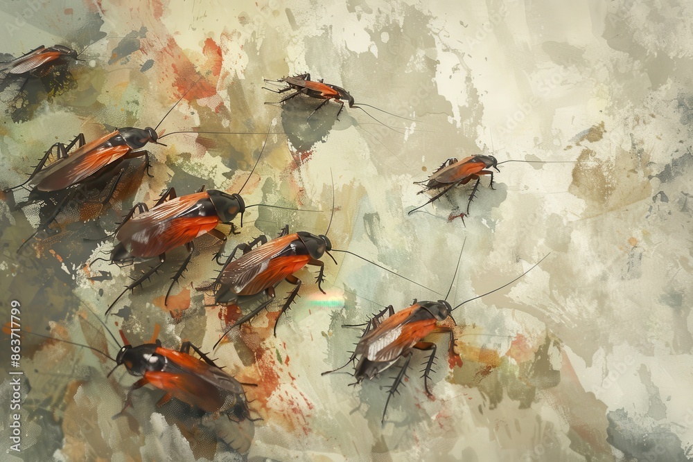 Watercolor painting of a group of cockroaches, depicting insects in an ...