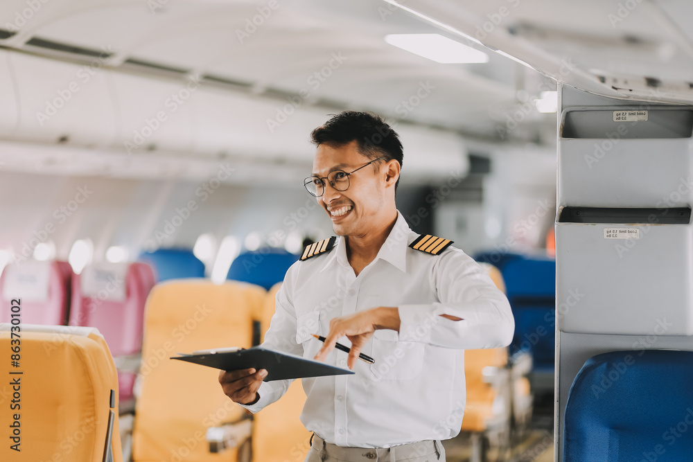 Portrait of a trained airplane captain in uniform preparing to fly in a simulator cockpit. Stock ...