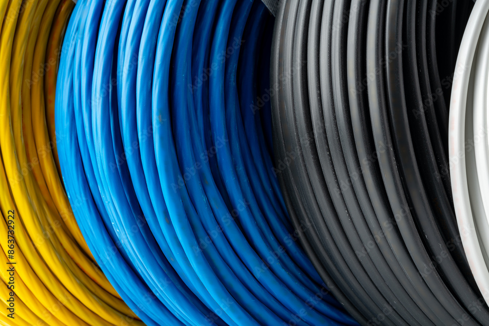 Four Spools of Electrical Wire in Yellow, Blue, Black, and White Colors ...