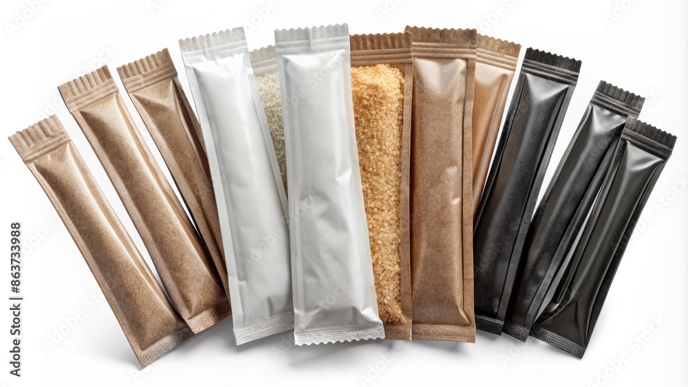 Realistic illustration of assorted sugar sticks and sachets in black ...