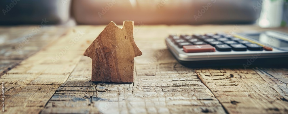 Miniature wooden house juxtaposed with modern calculator on rustic desk ...