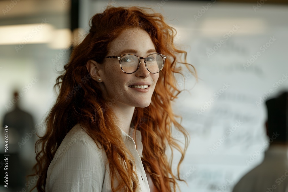 Female business leader smiling while talking to her team during a ...