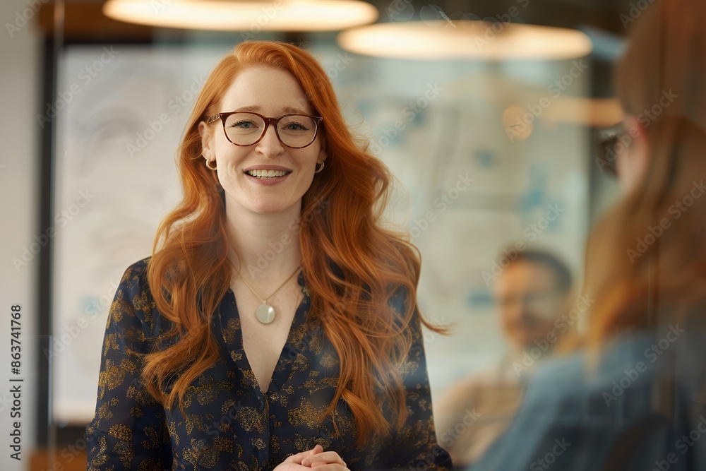 Female business leader smiling while talking to her team during a ...