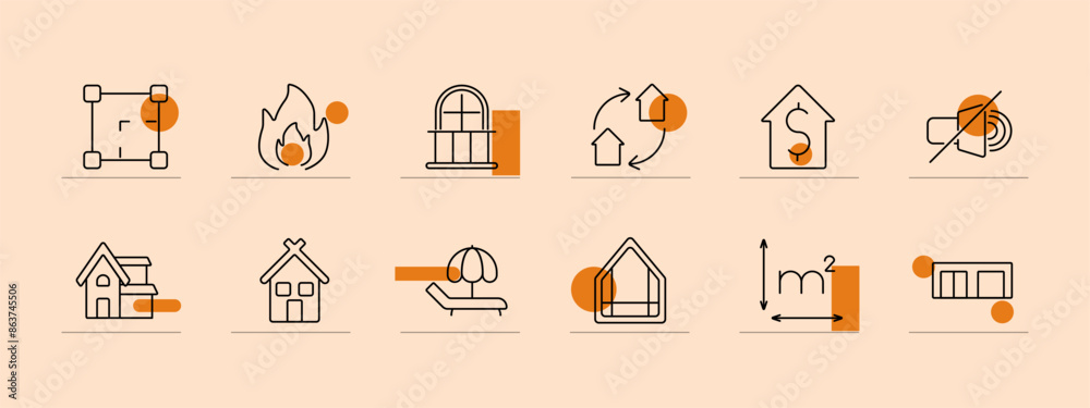 Rent set icon. Map pin, house icon, park bench, garage, sofa, elevator ...