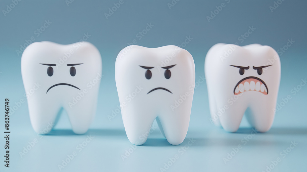 Three Cartoon Teeth With Angry Faces Displaying Various Expressions Of ...