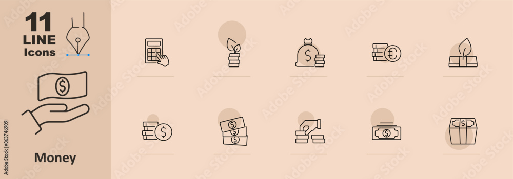 Money set icon. Cash, hand holding money, calculator, money bag, stack ...