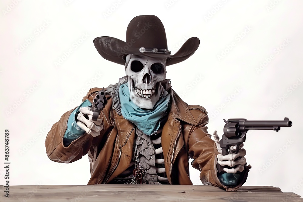 Old West Skeleton Revolver. Old west bandit outlaw skeleton at a poker ...