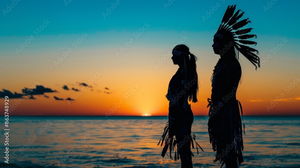 silhouette photo of women and men in native American costumes on beach ...