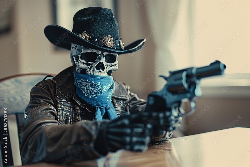 Old West Skeleton Revolver. Old west bandit outlaw skeleton at a poker ...