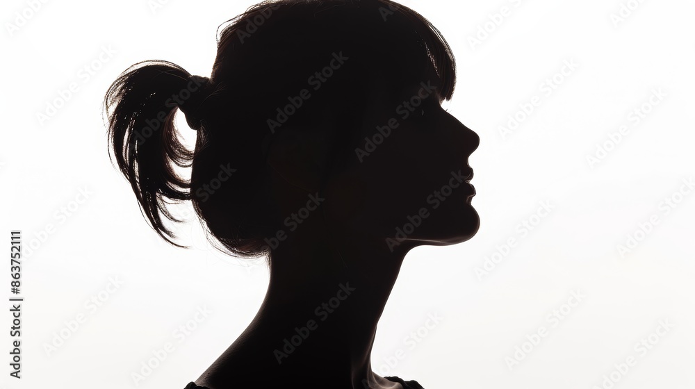 silhouette woman portrait profile in shadow on white studio background ...