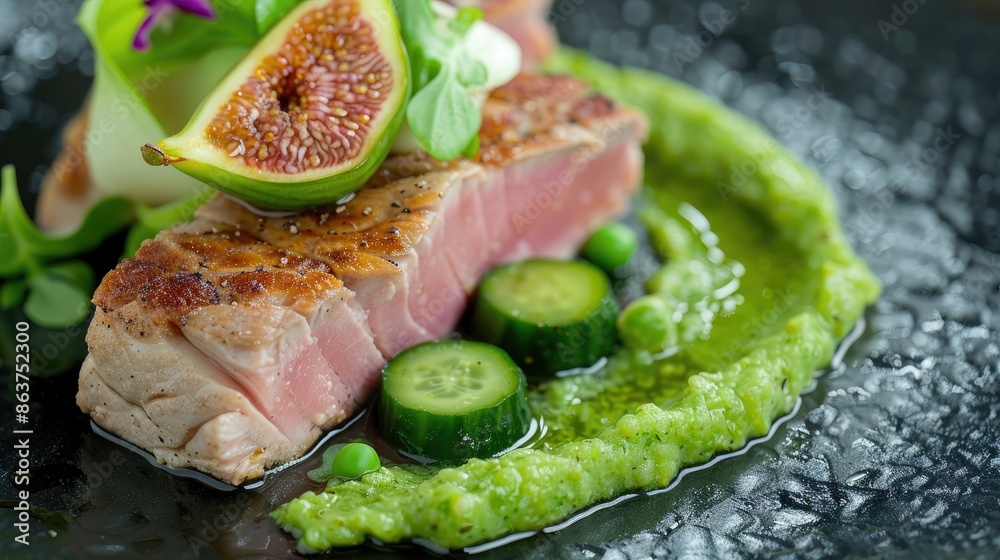 Tuna steak served with peppermint pea puree crispy cucumber salad and ...