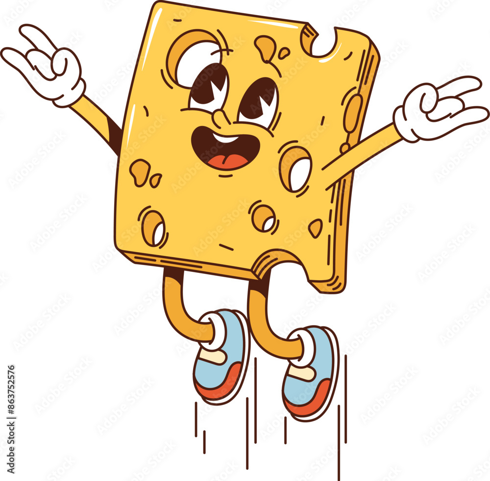 Cartoon cheese slice retro groovy breakfast character. Isolated vector ...