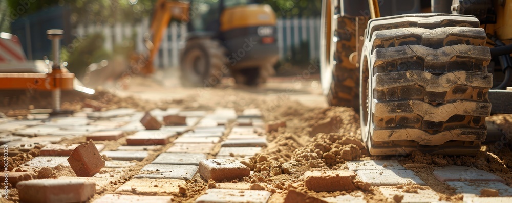 Overhead perspective of brick pavers laid on sand base during ...