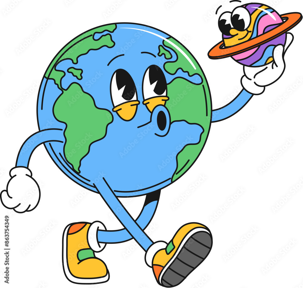 Cartoon Earth planet retro groovy space character walking while holding ...