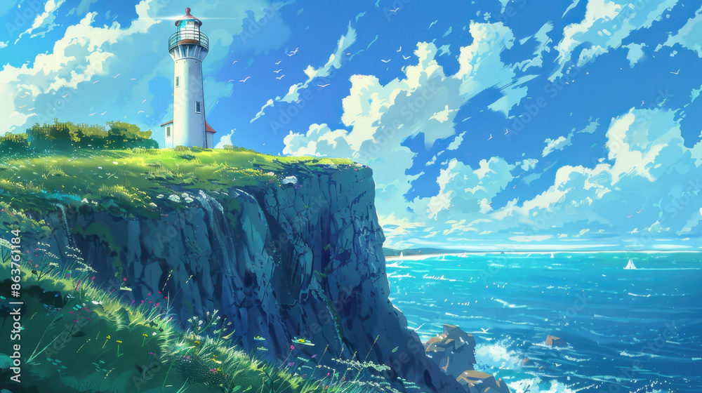 Vibrant coastal scene with a white lighthouse on a cliffside, lush ...