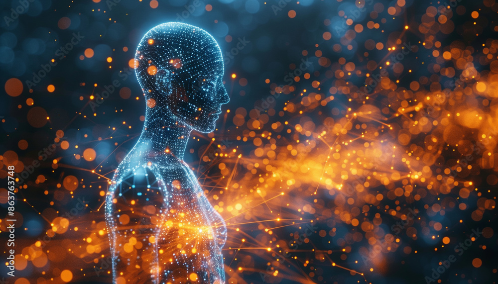 Abstract digital human body shape from glowing particles and lines on ...