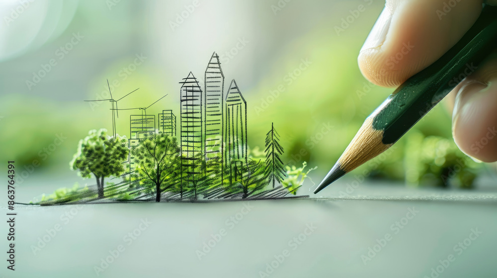 Hand drawing a concept of green energy and ecology with pencil on a ...