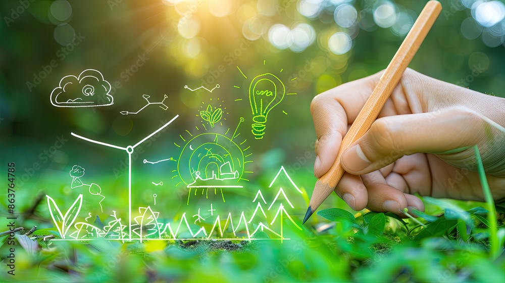 Hand drawing a concept of green energy and ecology with pencil on a ...