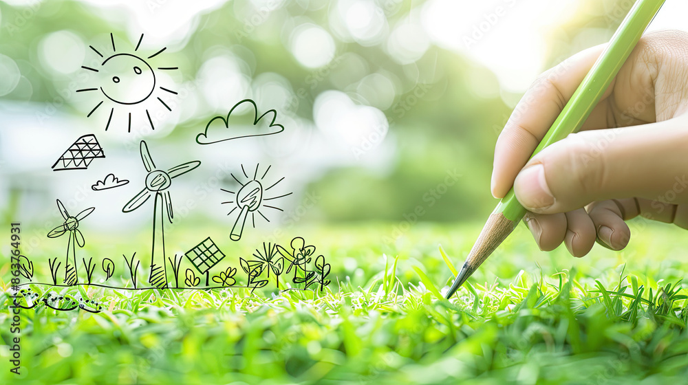 Hand drawing a concept of green energy and ecology with pencil on a ...