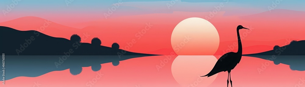 Flamingo silhouette flat design front view sunset theme cartoon drawing ...