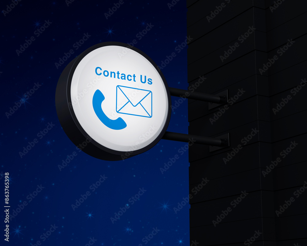 Telephone and email icon on hanging black rounded signboard over ...
