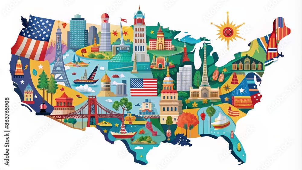 Poster A colorful illustration of the United States featuring iconic ...