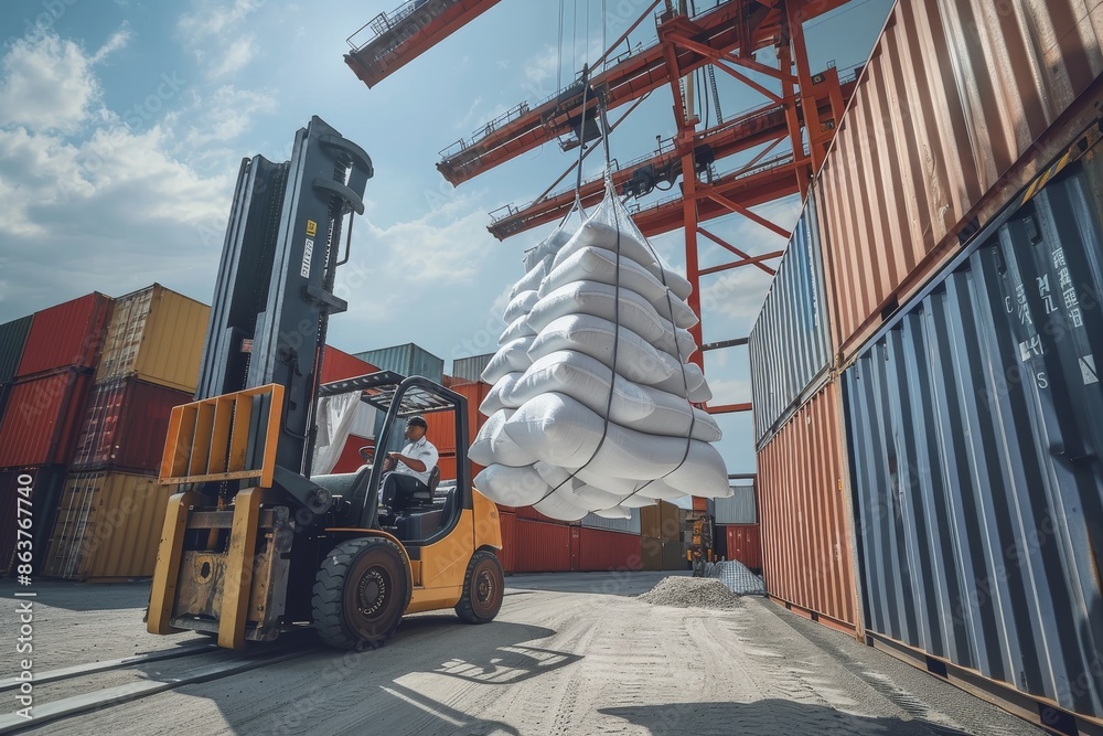 Forklift Handling White Bags, Loading Fertilizer Bags into Containers ...