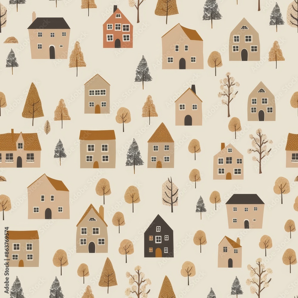 Seamless pattern with cute tiny houses and trees. Adorable repeating ...