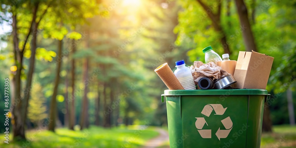 Recycling bin filled with recyclable materials in front of green forest ...