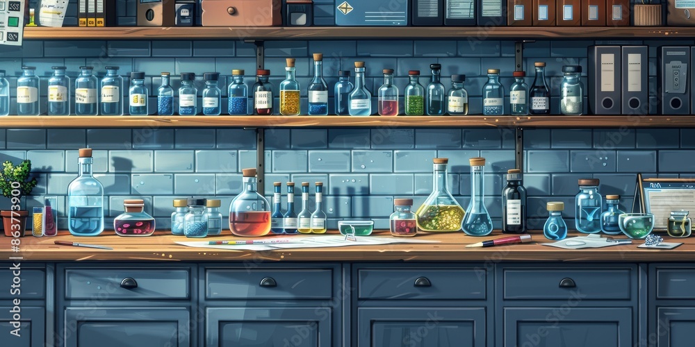 Vintage chemistry lab with various glass bottles, flasks, and equipment ...