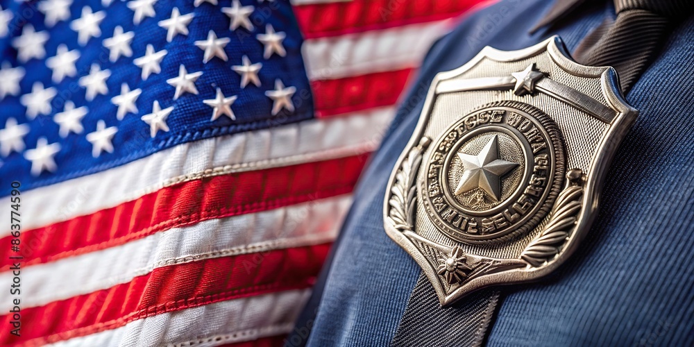 Close-up of police officer's badge with American flag in background ...
