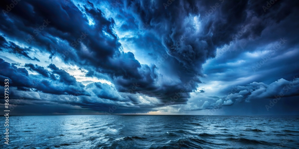 Horror black blue sky over a haunted sea with scary clouds, creating a ...