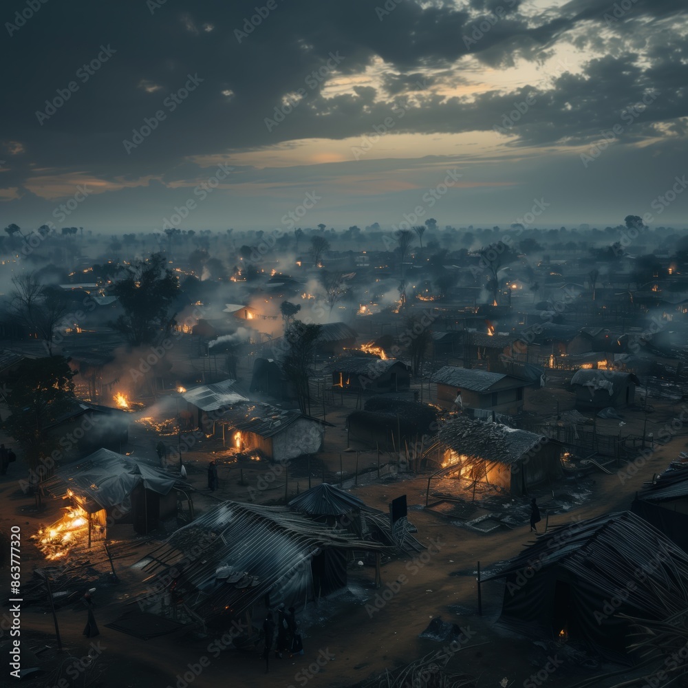 A devastated village with burnt homes and displaced people fleeing ...