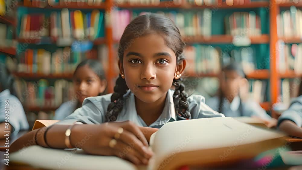 group of tamil female school students in uniform studying in library ...