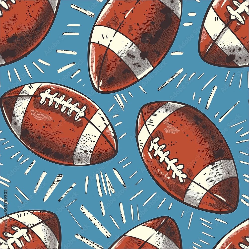 Comic book style pattern featuring American footballs against a blue ...