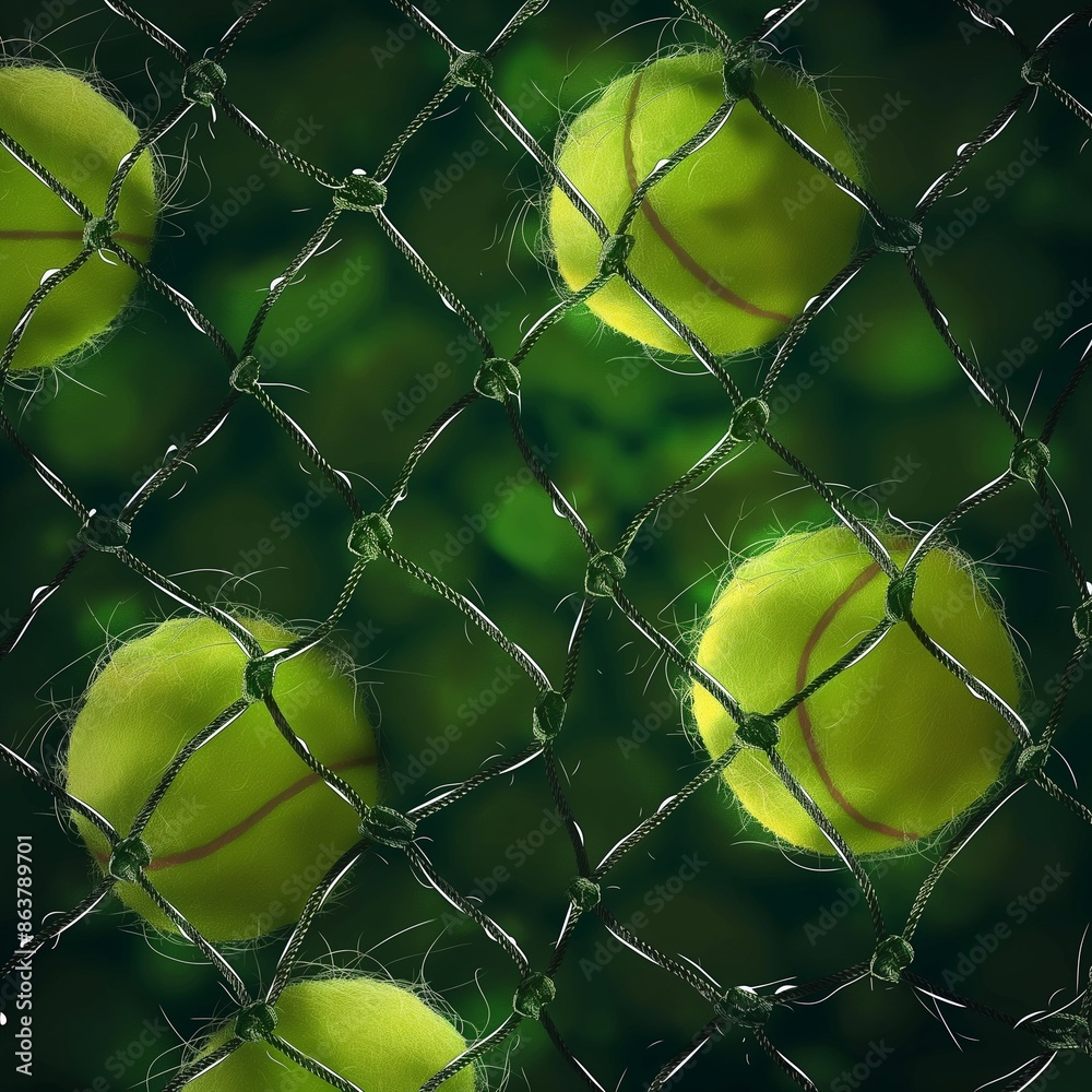 Realistic tennis balls pattern captured in a net, conveying the ...