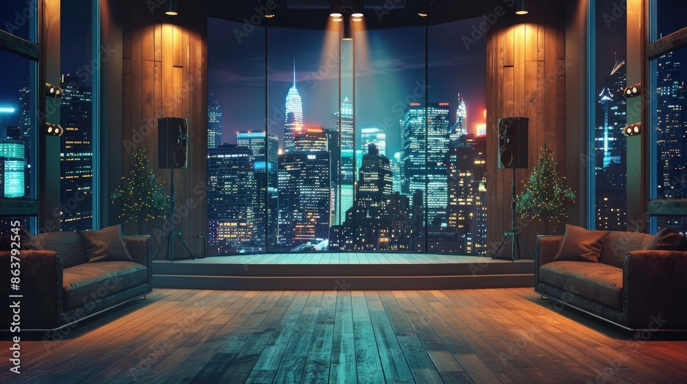 Empty talk show set with cityscape background and couches.Concept of ...