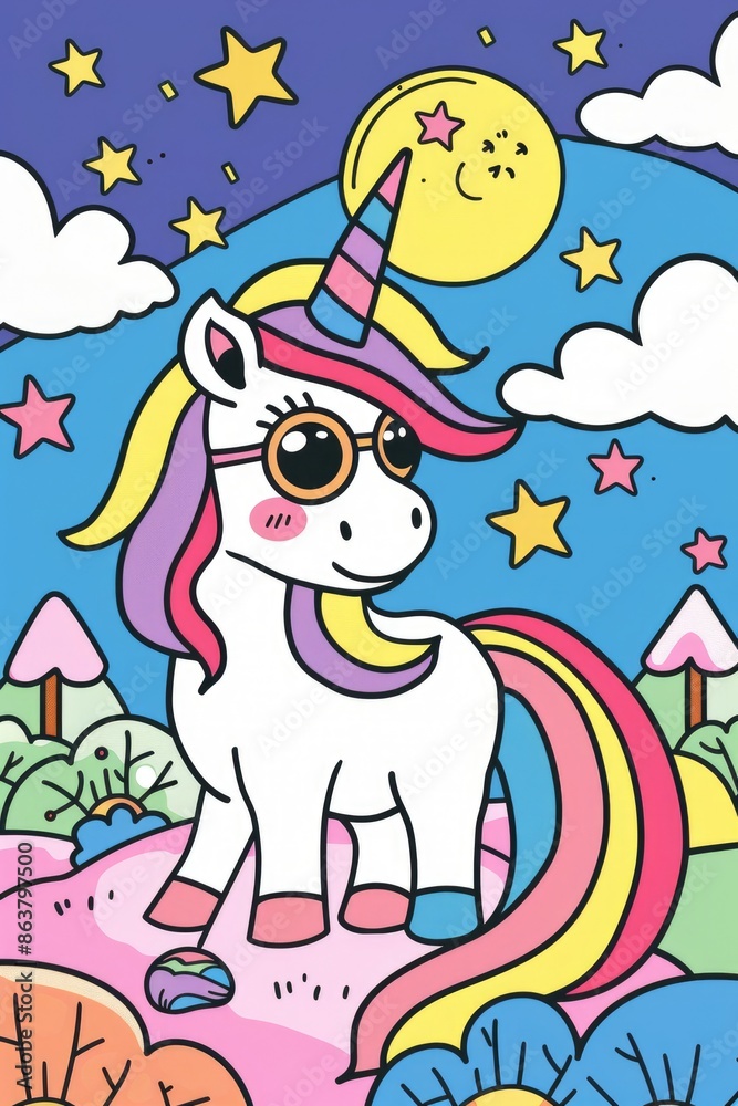 Simple coloring book cover page for kids aged 4-8, cute kawaii unicorn ...