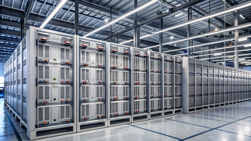 Industrial-scale lithium-ion battery storage system with rows of high ...