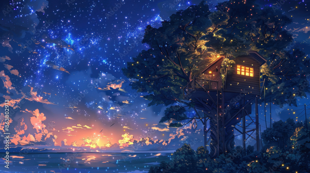 Enchanted treehouse at twilight with glowing lights under starry night ...