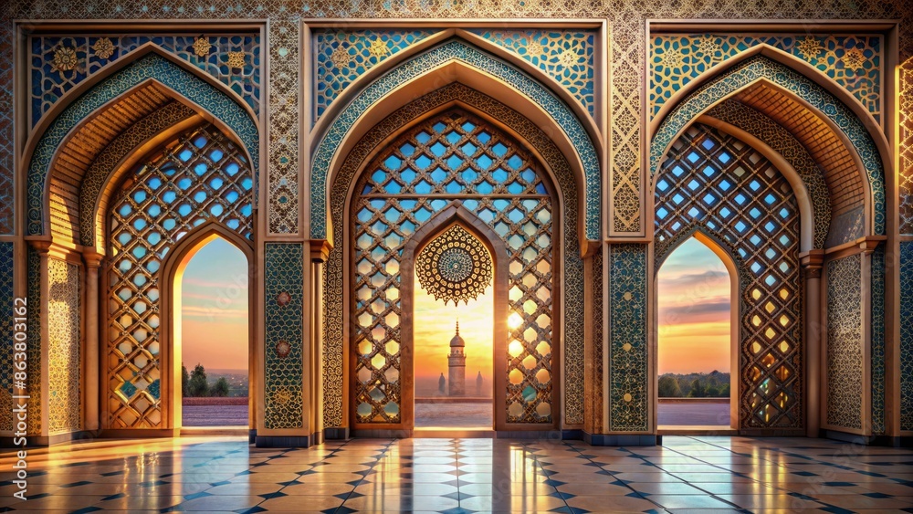 Intricate oriental Islamic windows and arches adorn a majestic mosque ...
