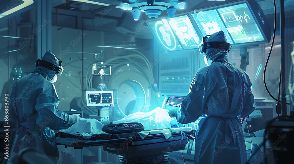 Medical professionals in AR headsets work in operating room using ...
