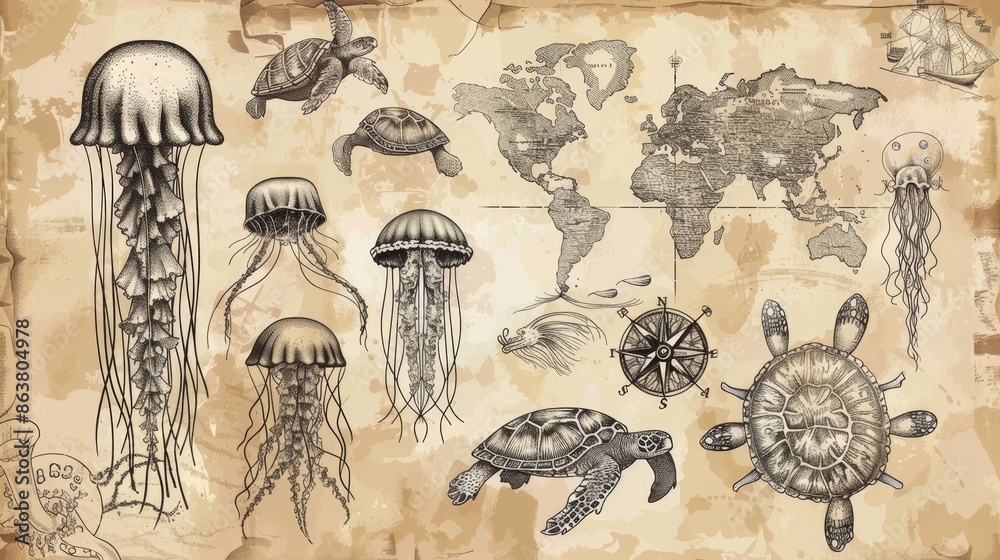 Detailed sea jellies and jellyfish sketches on grungy parchment paper ...
