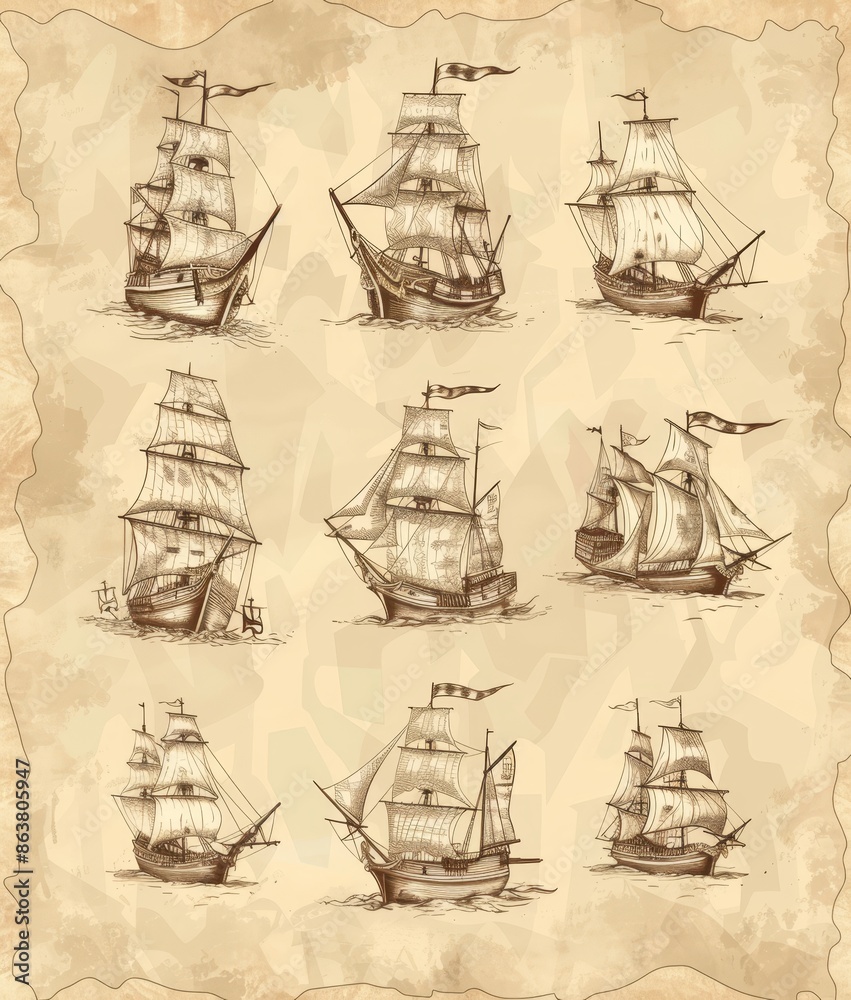 Old sail ships and sailboats on parchment scroll paper background with ...
