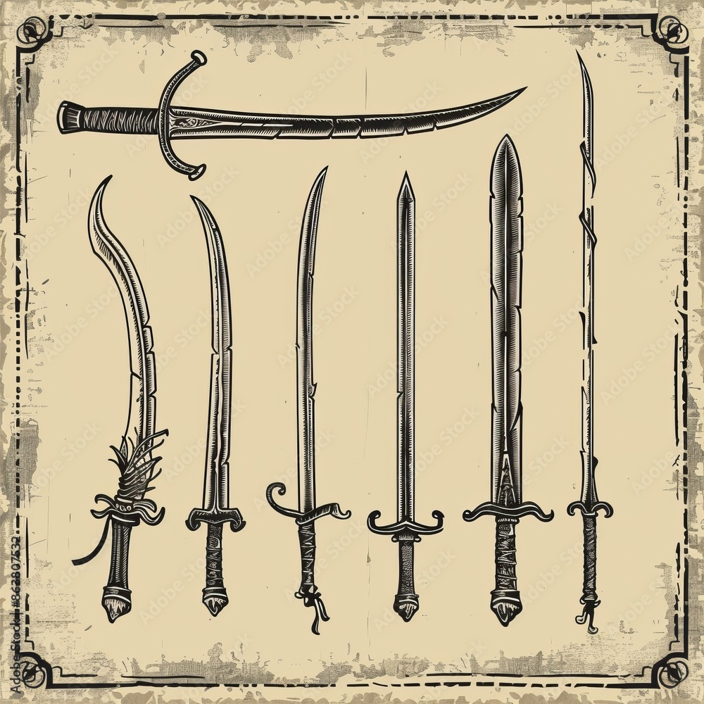 Crossed pirate swords, swords and epees sketch, modern ancient map ...