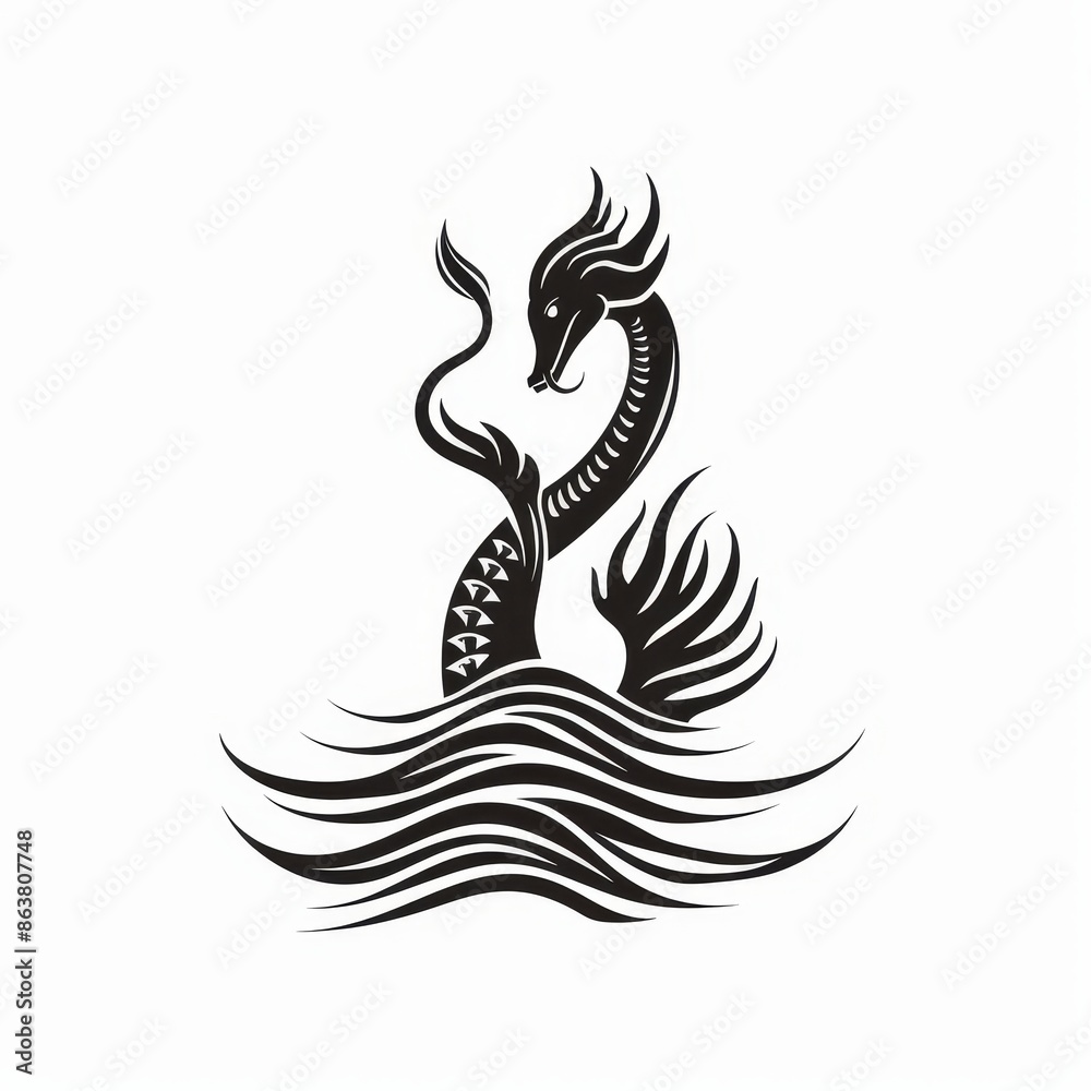 Mystic depth horror monochrome sketch icon of a snake dragon, ancient ...