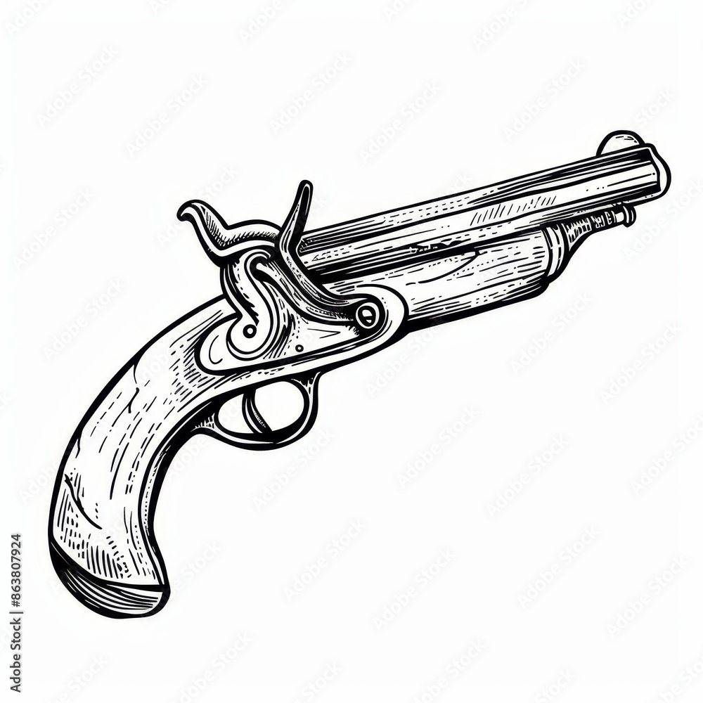 Old pirate and cowboy musket duel pistol isolated monochrome sketch ...